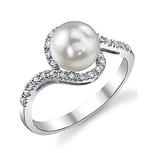 The Pearl Source 14K Gold 7.5-8mm Round Genuine White Akoya Cultured Pearl & Diamond Cheryl Ring for Women