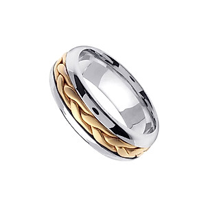 TGDJ Two Tone Yellow Gold Braided Wedding Band - 7 mm Handmade Beautifully Crafted White Gold Wedding Ring for Couple - Yellow Gold Braided With White edges - Free Customized Engraving (14k Gold, 5)