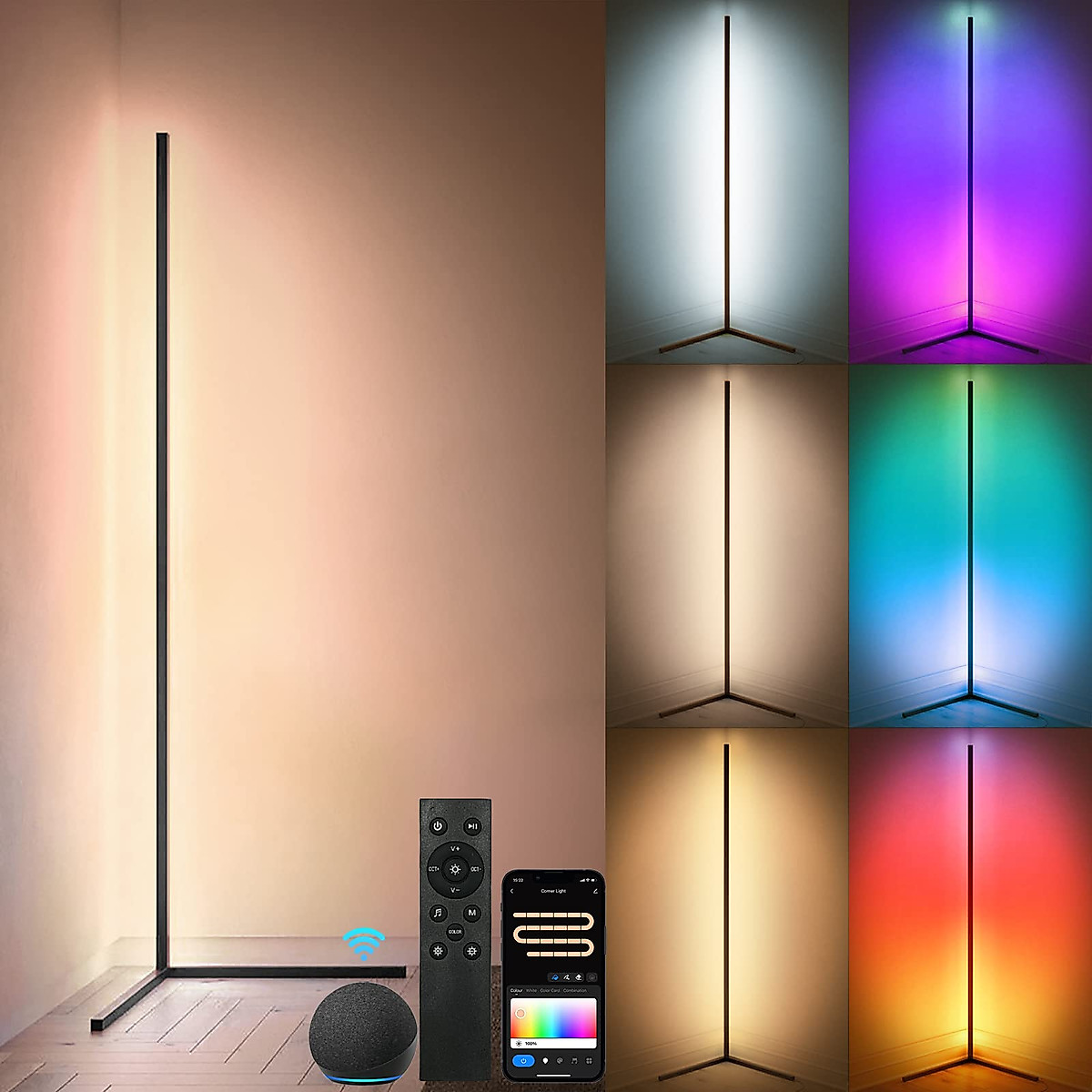 RGBWW Smart LED Floor Lamp for Living Room, Compatible with Alexa, Google Home, 69" Tall Modern Standing Lamp for Bedroom with Remote & WiFi APP Control, 2700k-6500k Corner Lamp with Linen Lampshade