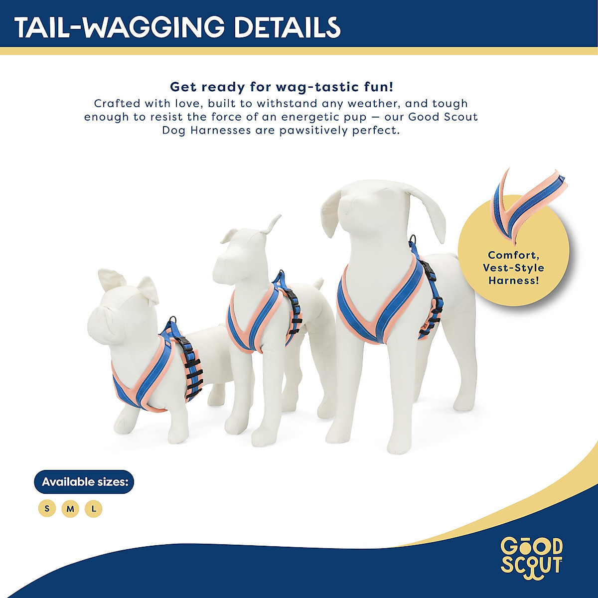 Good Scout Dog Harness Large Sized Dog, Heavy Duty Padded Dog Vest Harness, Durable Dog Body Harness, Adjustable for a Comfortable & Safe Fit, D-Ring for Quick Leash Attachment, Blue/Blush