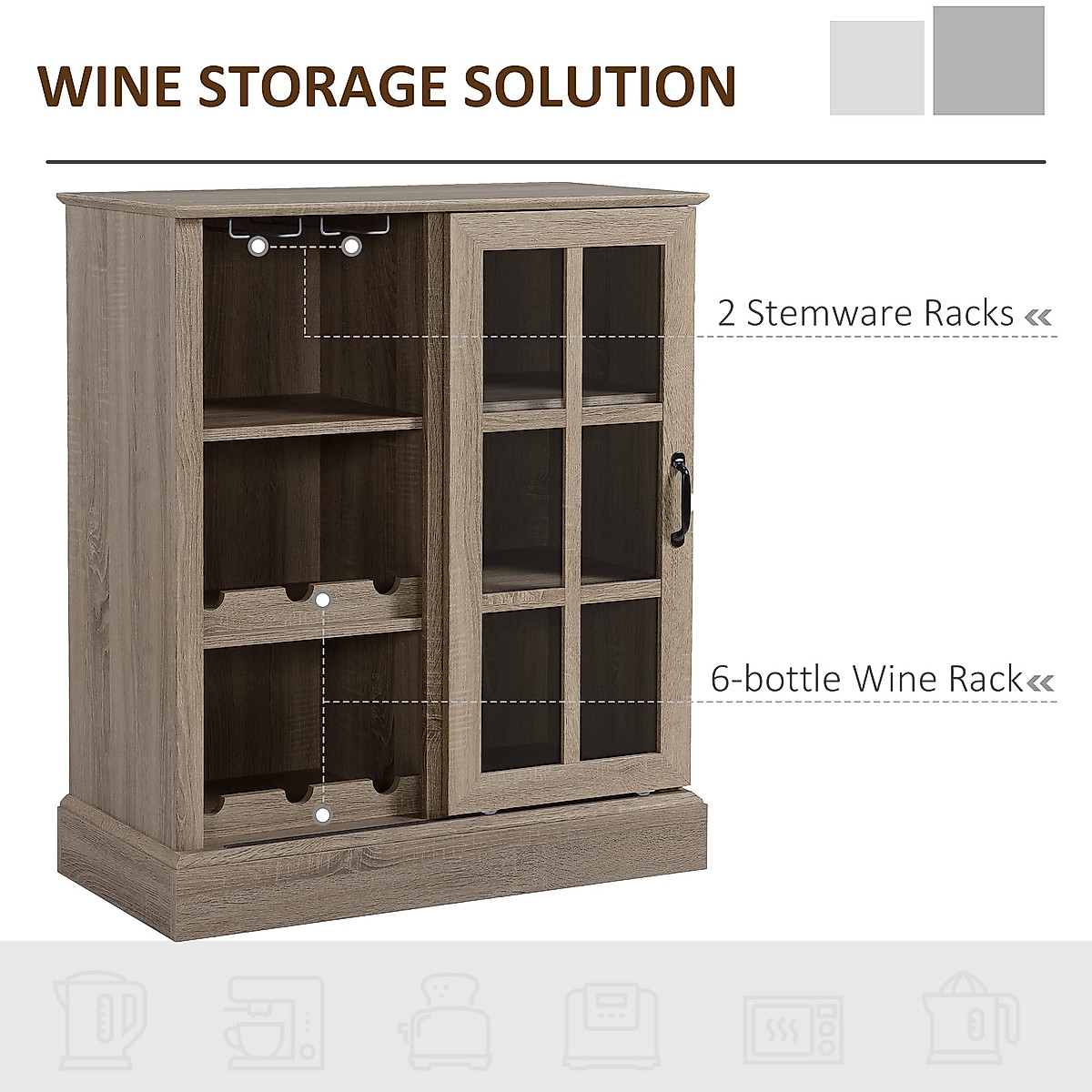 HOMCOM Wine Bar Cabinet, with 6-Bottle Wine Rack and Stemware Racks, Small Sideboard Buffet Cabinet with Sliding Glass Door and Storage Shelves for Kitchen, Brown