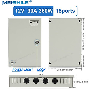18 Port Channel 12V 2A CCTV Power Supply Box AC-DC Distributed Cabinet 1.5/1/0.5A Security Cameras DVR Converter Transformer Drive LED Light Strip Lamp Electric Model PSU SMPS 12Volt 30Amp 360Watt