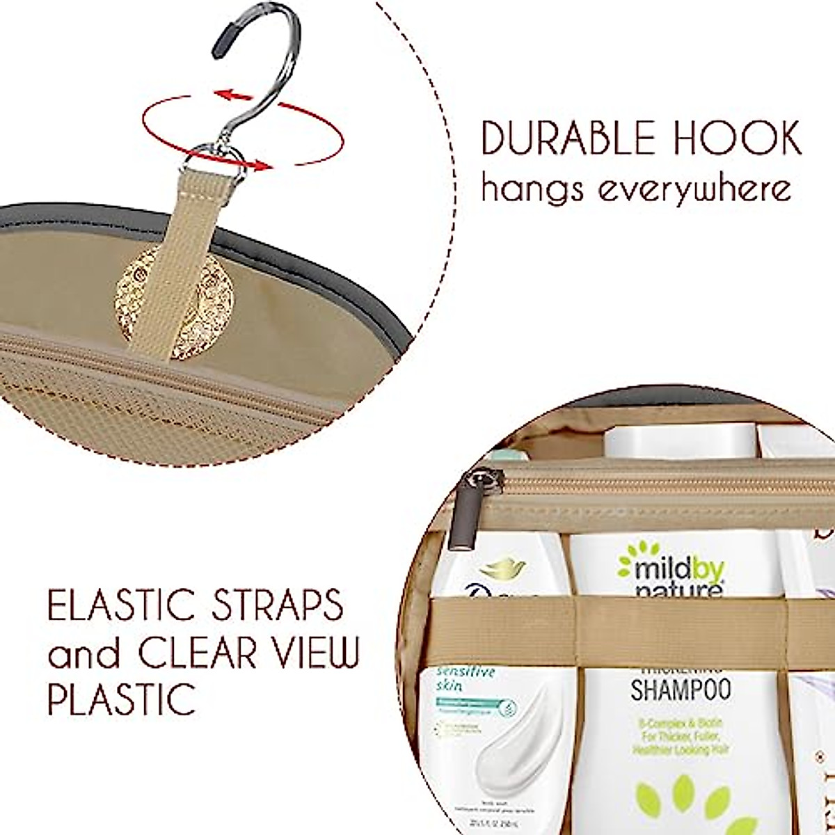 Chandelli Travel Toiletry Bag for Women with 4 Inner Pockets, Gold Accents & Hook, Waterproof, Black, Medium