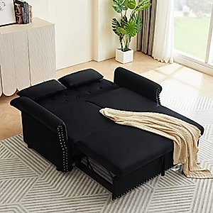 3-in-1 Convertible Futon Loveseat with Pull Out Sleeper Couch Bed and Nailhead Decor, Button Tufted Reclining Backrest Love Seat Sofabed W/ 2 Pillows for Home Apartment Office Loft RV Living Room