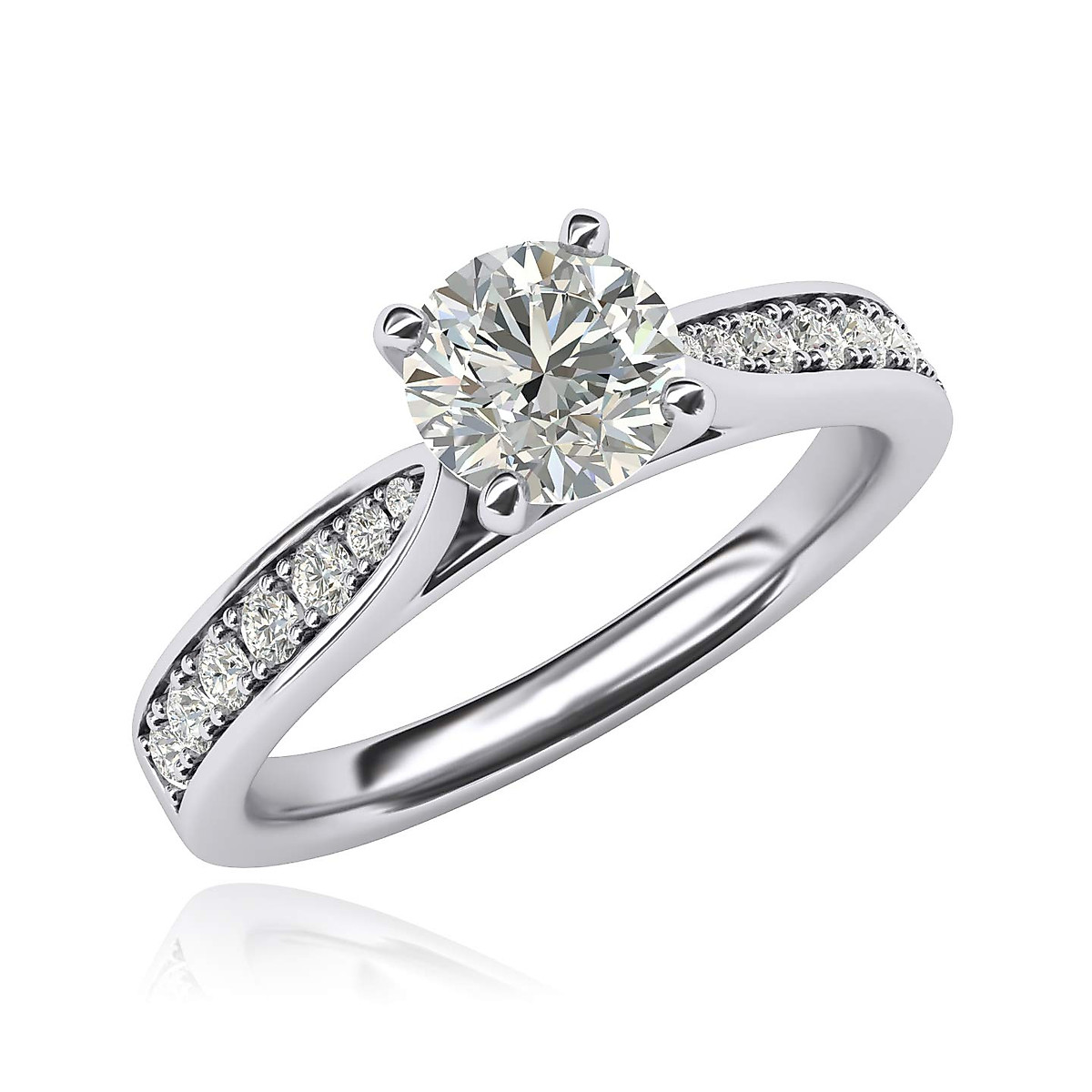 Women's Sterling Silver 1CT Classic 4-Prong Simulated Round Cut Diamond Engagement Ring With Graduated Side Stones (7.5)