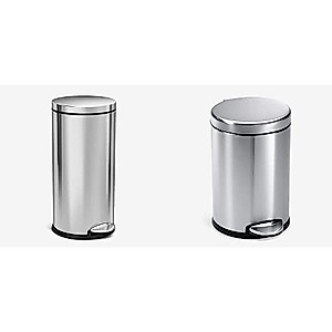simplehuman 30 Liter / 8 Gallon Round Step Trash Can, Brushed Stainless Steel & Gallon Round Bathroom Step Trash Can, 4.5 Liter / 1.2 Gallon, Brushed Stainless Steel