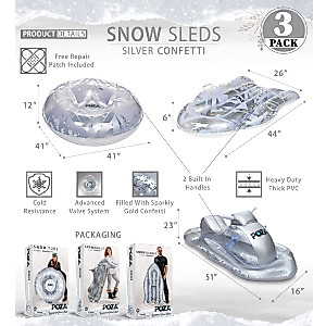 POZA Inflatable Silver Snow Tubes Collection - Silver Snow Sled Tube, Snowmobile, Boogie Sled with Handles and Snowflake Confetti, Cold Resistant Heavy Duty PVC Tube Sled for Adults and Kids - 3 Piece