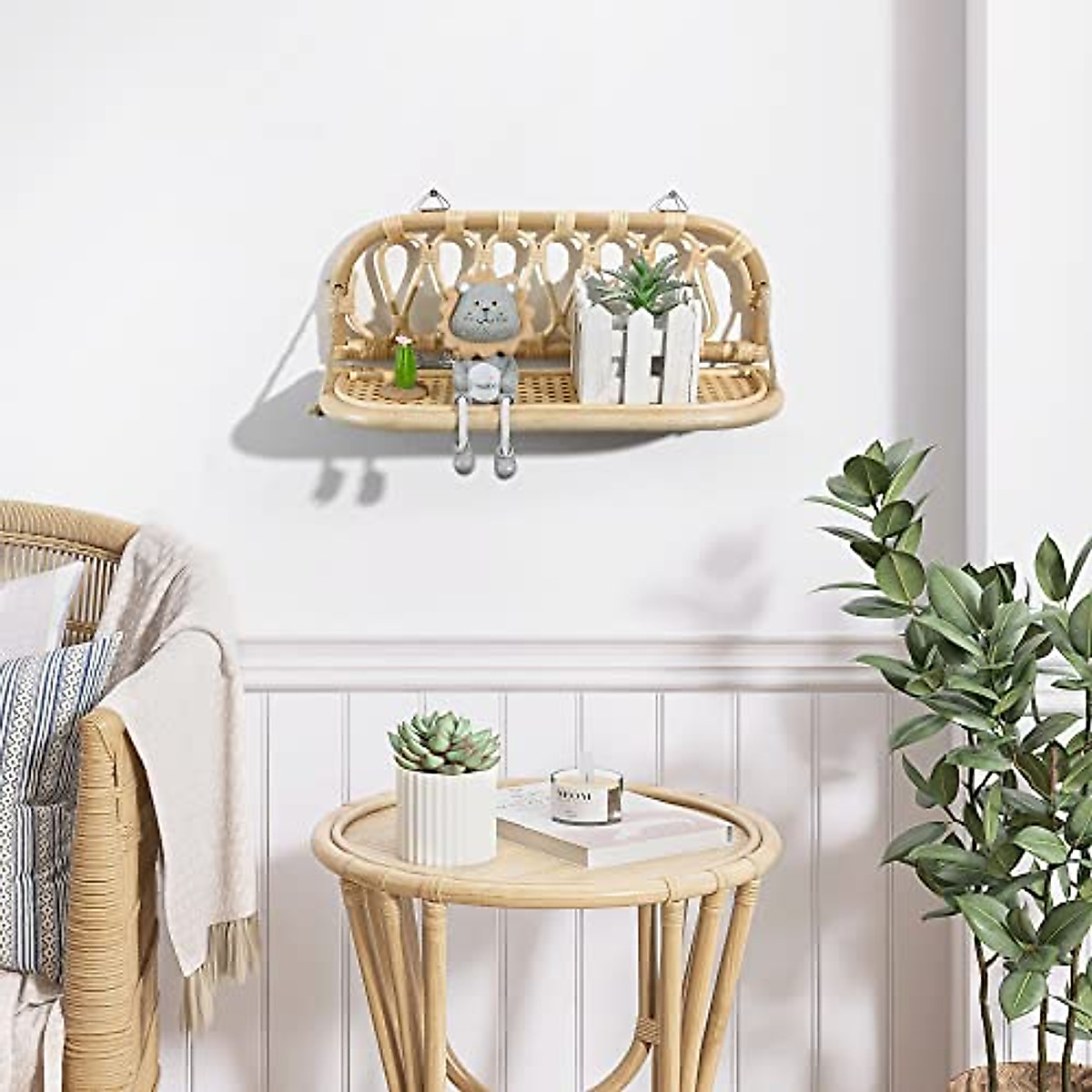 Mazjoaru Wall Shelves Rattan Shelf 16.5inch Handmade Boho Wall Decor Floating Rustic Decor for Bathroom Nursery Bedroom, Wall Mounted Natrual Rattan and Wood Storage Hanging Shelves