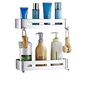 Shower Caddy Basket Shelf with Hooks, 2 Packs Caddy Organizer Wall Mounted Rustproof Basket with Adhesive, No Drilling, Thickened Aluminum, Storage Rack for Bathroom Shower Kitchen (Sliver)