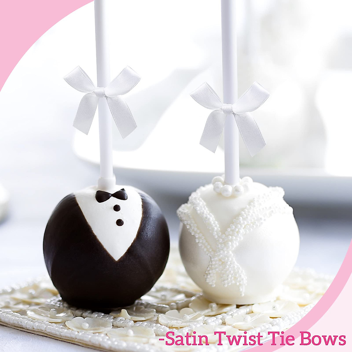 Gejoy 100 Pieces Mini Satin Ribbon Twist Tie Bows DIY Twist Bow Crafts Tying Up for Halloween Christmas Wedding Gift Wrapping Candy Treat Bags Decoration (White)