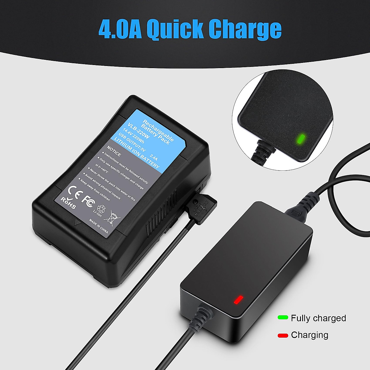 KUNLUN D-Tap Quick Charger[DC 16.8V/4A] with D Tap Cable for V-Mount/V Lock/Gold Mount Battery Charger, for Sony BP-U65 BP-U68 HDW-800P HDW-F900R PDW-680 PDW-850 DSR-650P PMW-F5