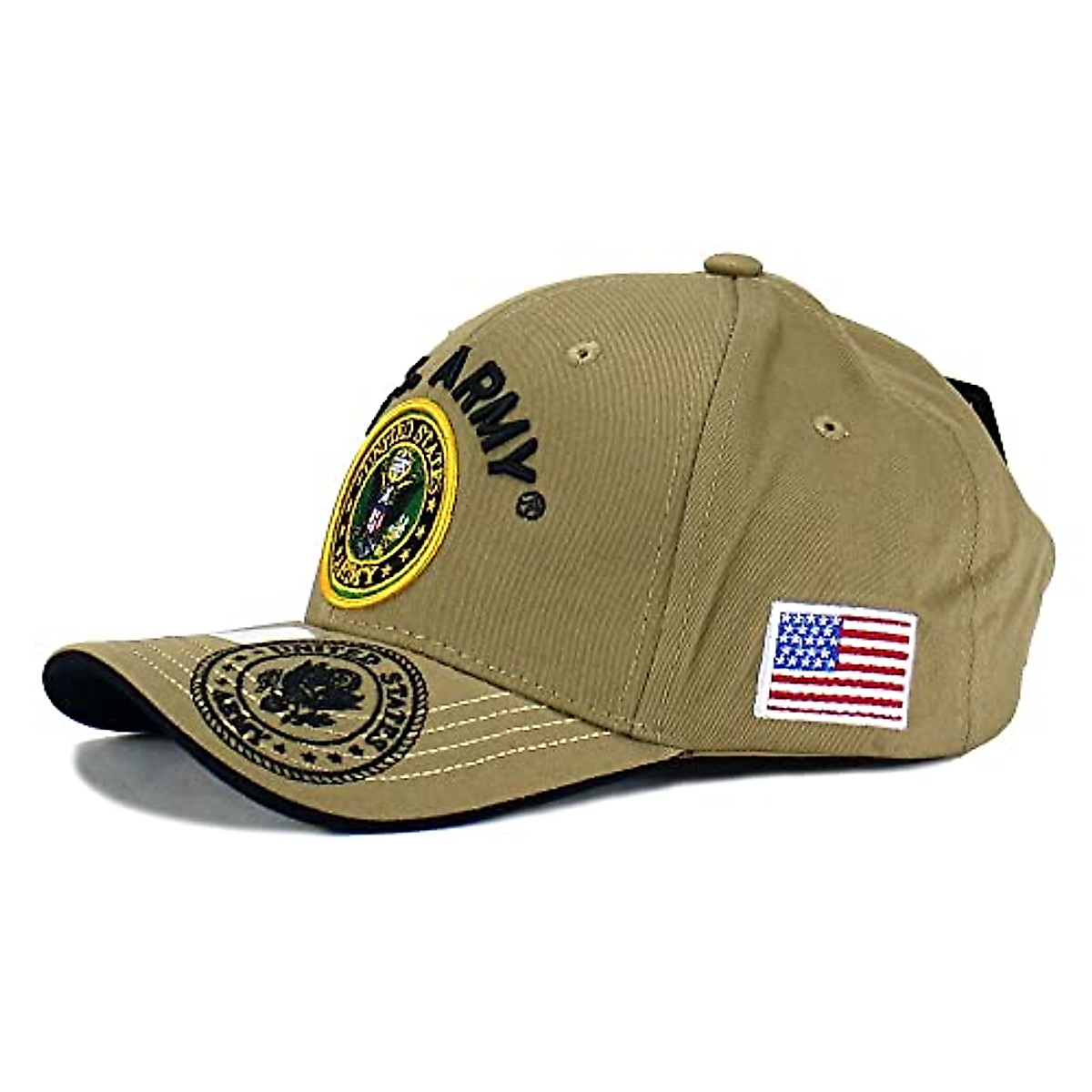 JM WARRIORS US Army Veteran Hat Army Military Official Licensed Adjustable Baseball Cap (Khaki Beige - Flag), One Size