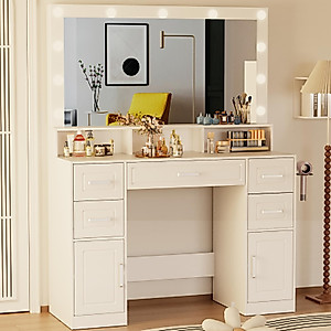 ISHARINGTIME 43.3" Vanity Desk with Large Lighted Mirror, Makeup Vanity with 5 Drawers & Power Outlet, 11 Lights, 3 Color Lighting Modes Adjustable Brightness, Dressing Table for Bedroom, White