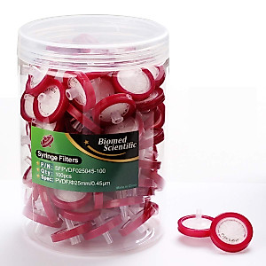 Syringe Filter Hydrophobic PVDF Membrane 25mm Diameter 0.45um Pore Size Non Sterile Pack of 100 by Bioemd Scientific