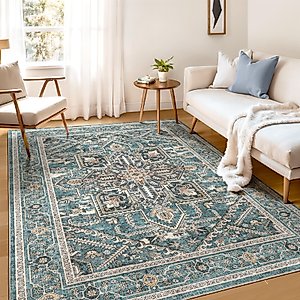 WITSHOCK Boho Area Rugs Machine Washable for Living Room Bedroom, Large 5x7 Vintage Non-Slip Stain Resistant Floor Carpet Indoor for Kitchen Dining Room Office Home Decor, Dull Teal
