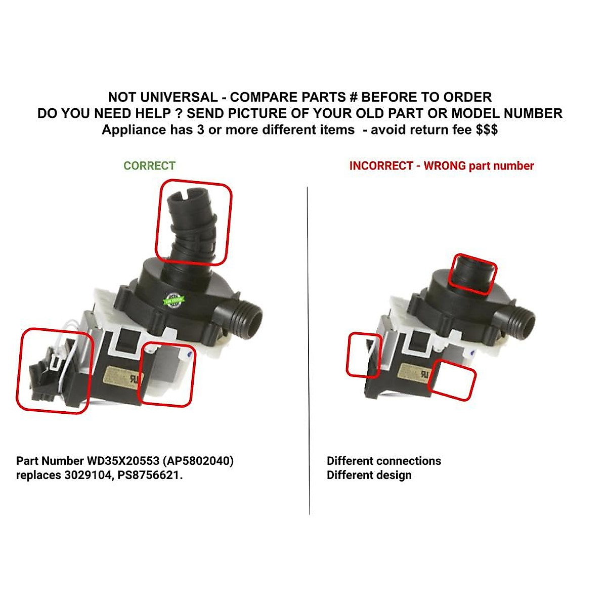 GSPUSA WD35X20553 CKDX20553X compatible with General Electric Dishwasher Pump Drain (Only) fits old # WD35X20553