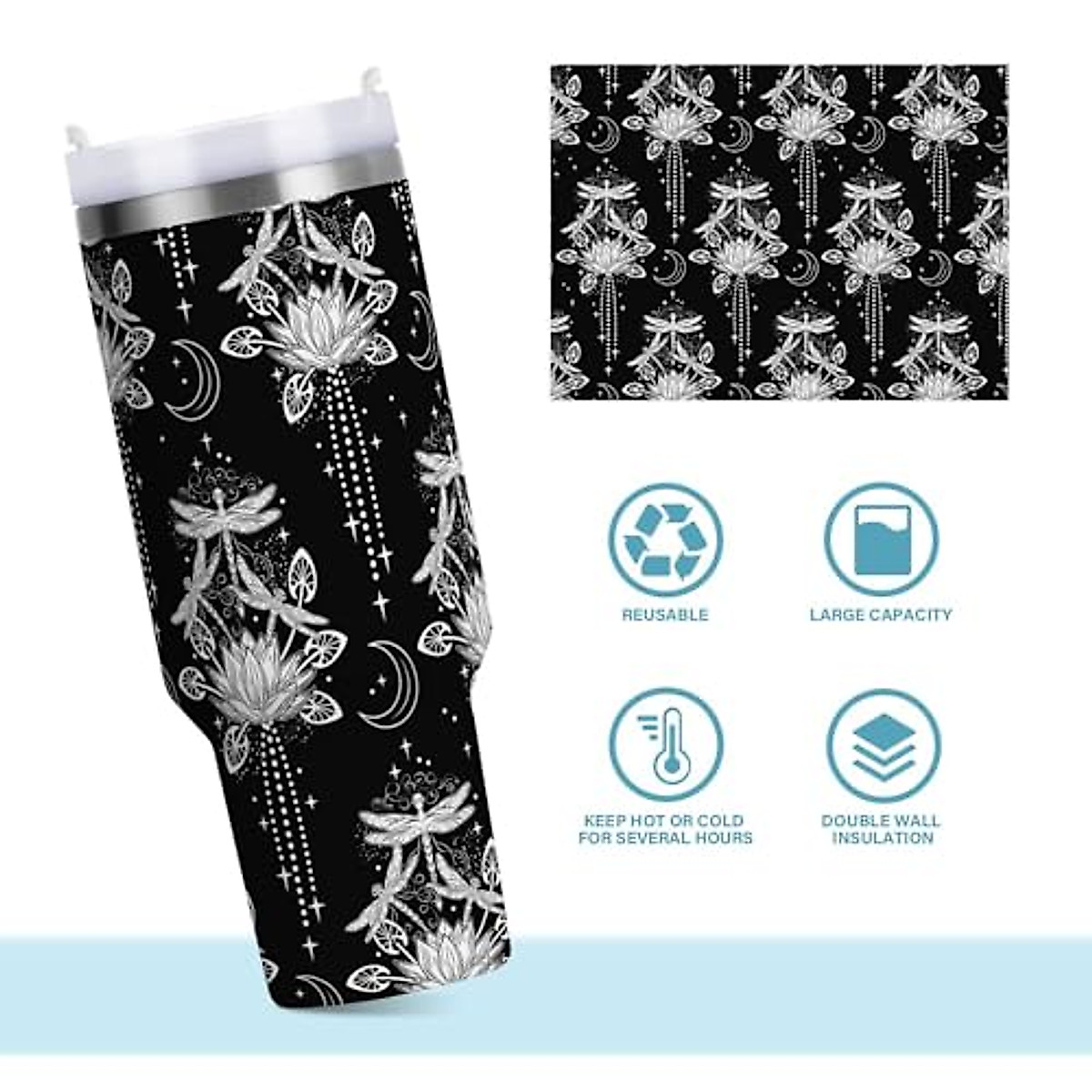 Emelivor Dragonflies Black 30 oz Tumbler with Lid and Straw Insulated Tumblers with Handle Leak Proof Coffee Tumbler Mug Large Water Bottles for Women Men Sports Gym