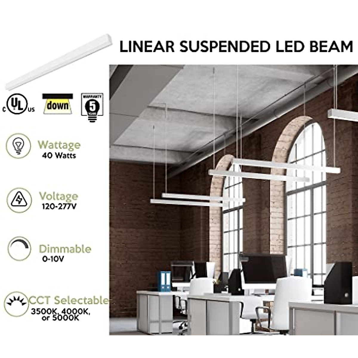 WareLight 4' Linear Suspended LED Beam, 40W, CCT Selectable, 0-10V Dimmable, 120-277V, Transparent Frosted Housing, Power Feed Cable Included