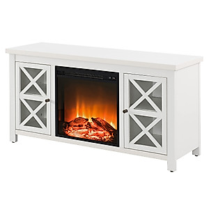 Henn&Hart Rectangular TV Stand with Log Fireplace for TV's up to 55" in White, Electric Fireplace TV Stands for the Living Room