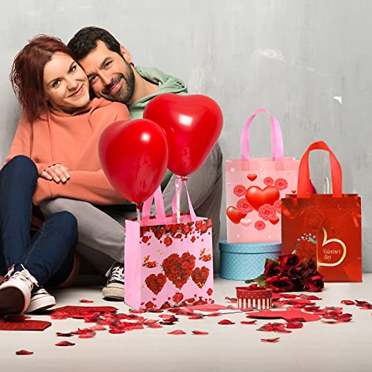 Valentines Day Gift Bags Reusable Shopping Bag Heart Rose Valentine Tote Bag Non Woven Treat Bags with Handles for Valentine's Day Wedding Party Supplies Gifts Wrapping, 9 x 8.7 x 4 Inch (16 Pieces)