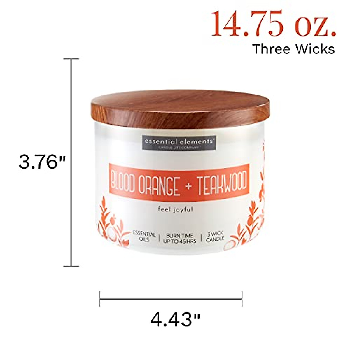 Essential Elements by Candle-lite Scented Candles, Blood Orange & Teakwood Fragrance, One 14.75 oz. Three-Wick Aromatherapy Candle with 45 Hours of Burn Time, Off-White Color