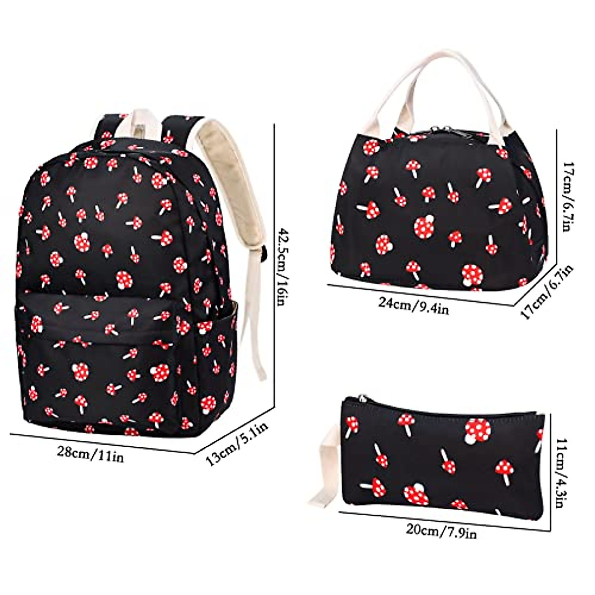 FEWOFJ Mushroom School Backpack for Teen Girls, Bookbag with Lunch Box and Pencil Case