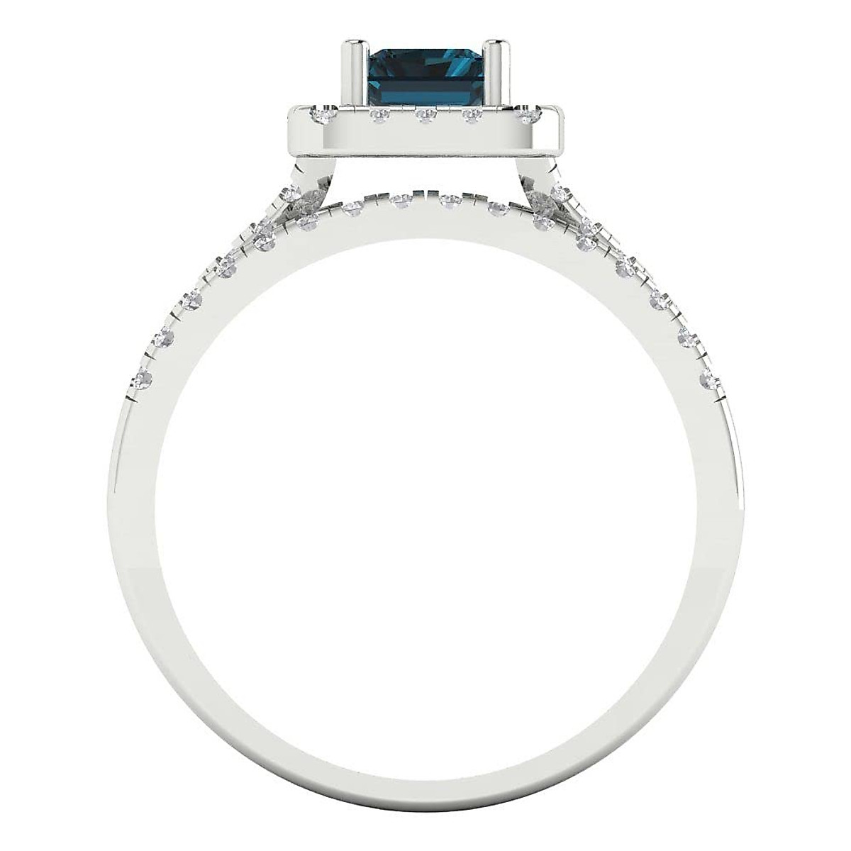 Clara Pucci 1.54ct Emerald Round cut Engraving Pave Halo London Blue Topaz Wedding Anniversary Ring band set 14k White Gold Size 8.25