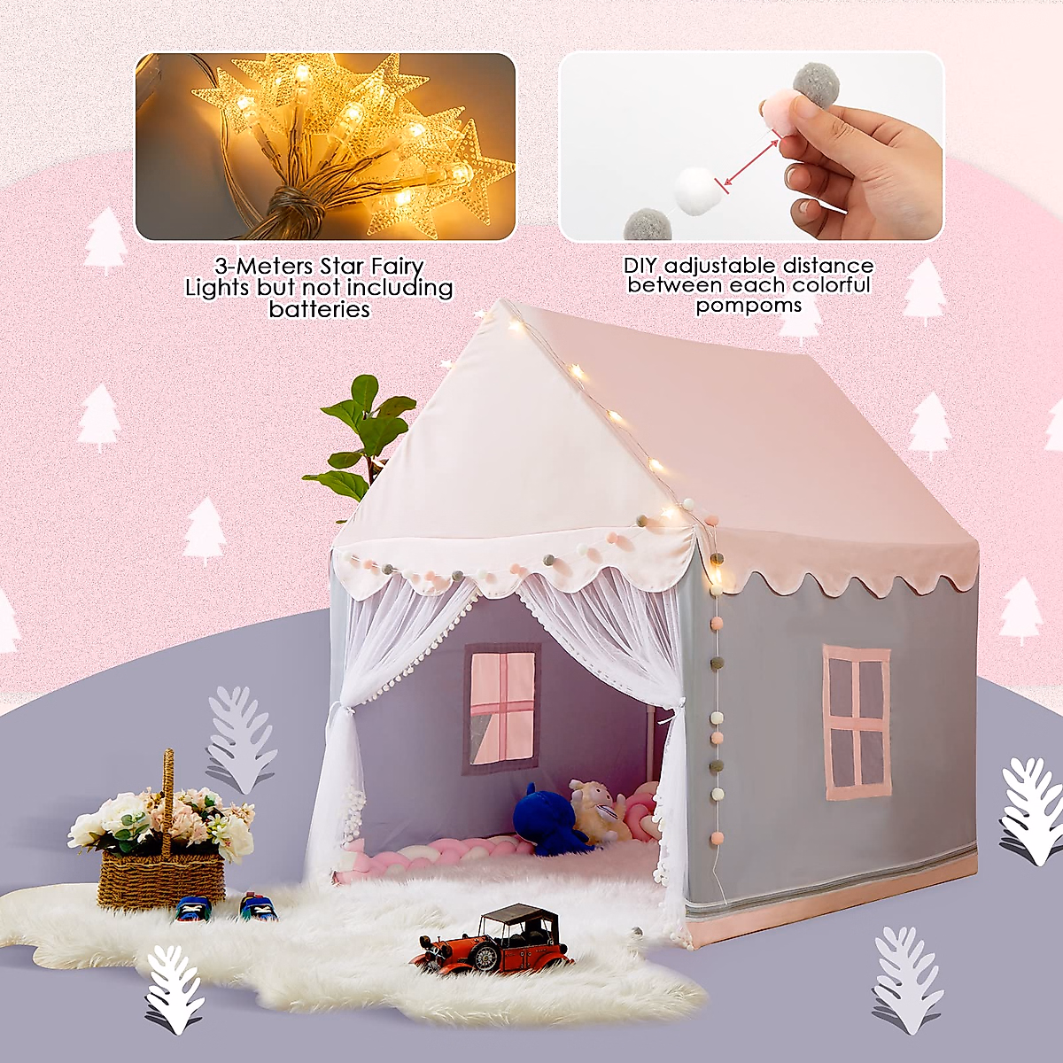 Princess Tent for Girls with LED Fairy Lights, Kids Play Tent Large Playhouse, Indoor Tent Castle for Kids,Outdoor Kids Toddlers Playhouse Imaginative Child’s Game Play Tent Decoration Pink