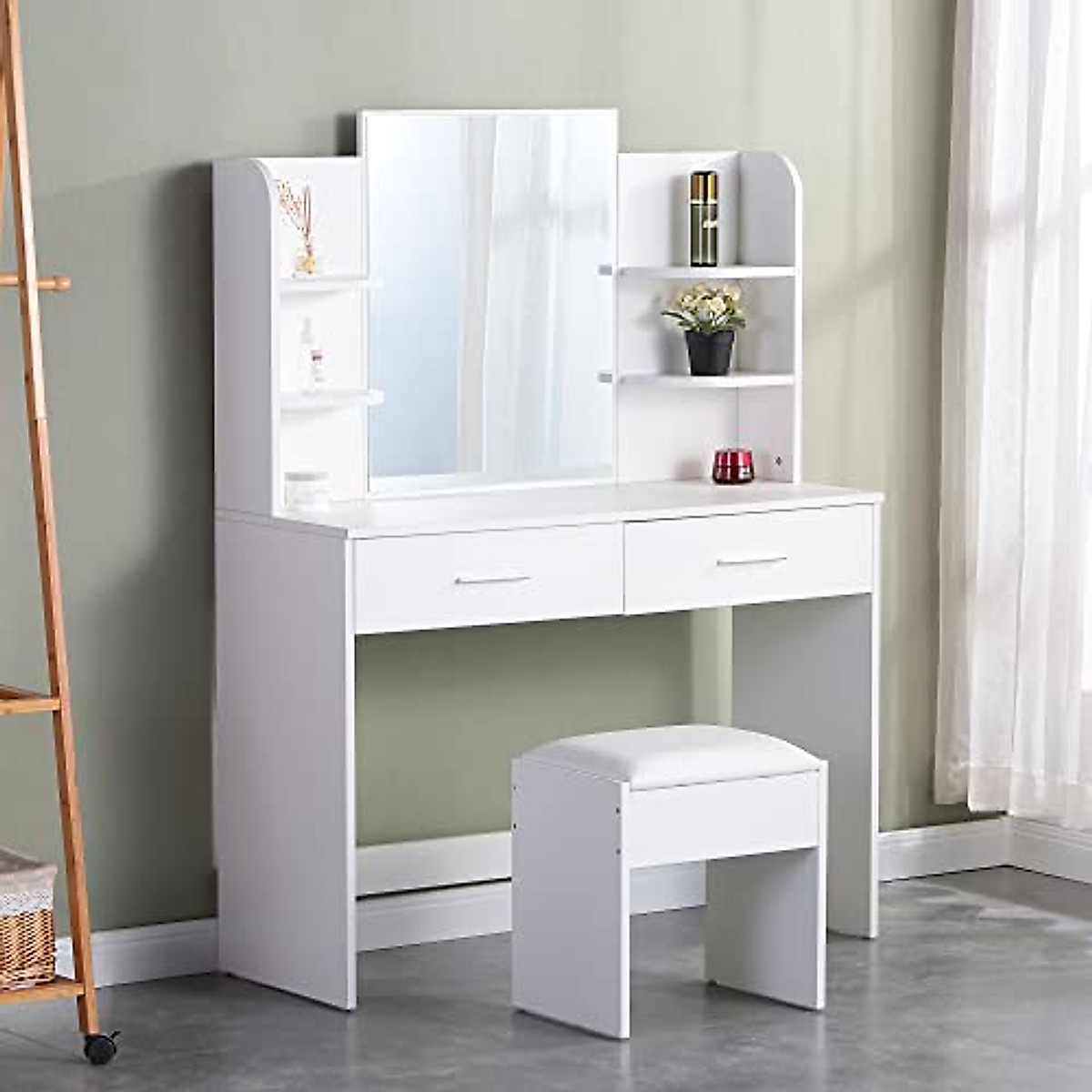CIATRE White Elegant Vanity Set with 10 LED Light Bulbs, Cushioned Stool, and Ample Storage - Perfect for Makeup and Organization