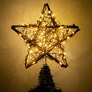 Rattan Natural Star Christmas Tree Topper - Rustic Farmhouse Xmas Treetop with 50 Warm LED Lights for Indoor Christmas Tree Decorations Holiday Seasonal Decor
