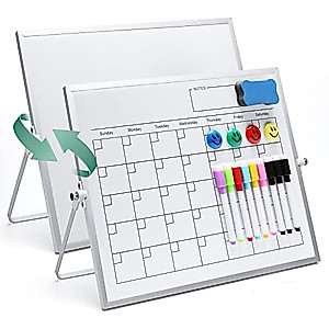 Dry Erase White Board,16”X12” Large Magnetic Calendar Whiteboard with Stand, 9 Markers, 4 Magnets,1 Eraser, Double-Sided Portable Whiteboard Easel for Office, Students Memo to Do List
