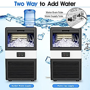 LifePlus Ice Maker Commercial - 70lbs/24H Ice Machine 32 Ice Cubes in 11-20 Minutes, Freestanding Cabinet Ice Maker with 13 Lbs Storage Bin, 2 Ways Add Water for Bar Home Office Restaurant