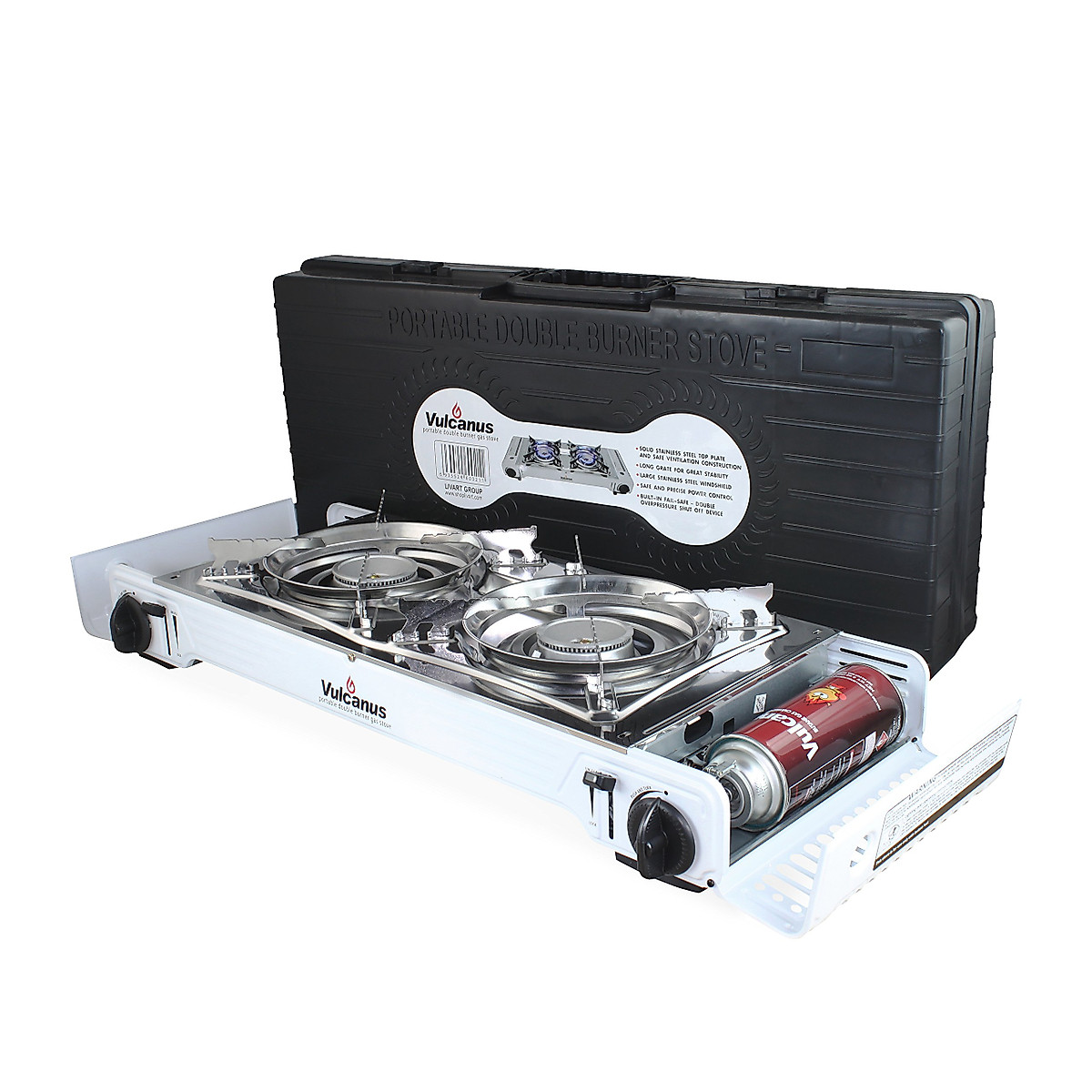 LMSD-5800 Portable double burner gas stove.26"x11.3"x5"with Vulcanus GAS-1 Butane Gas Cartridge(2-CAN)