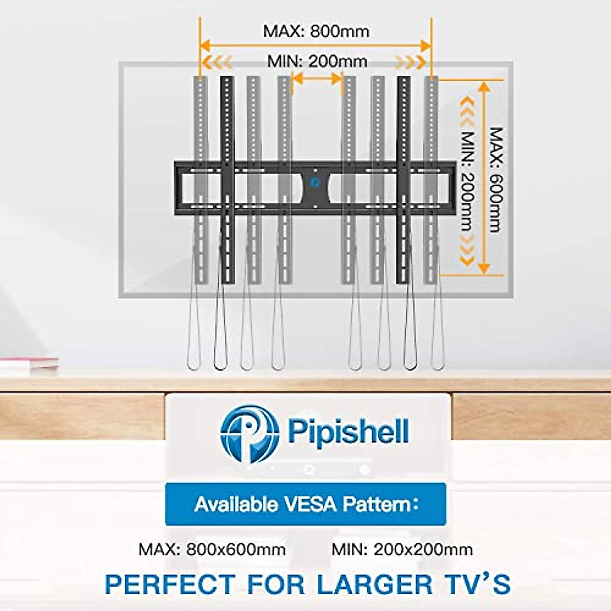 Pipishell Low Profile Fixed TV Wall Mount Bracket Ultra Slim for Most 42-90 Inch LCD OLED QLED 4K Plasma Flat Curved Screen TVs up to132lbs Max VESA 800x600mm, Fits 16", 18", 24" Wood Studs