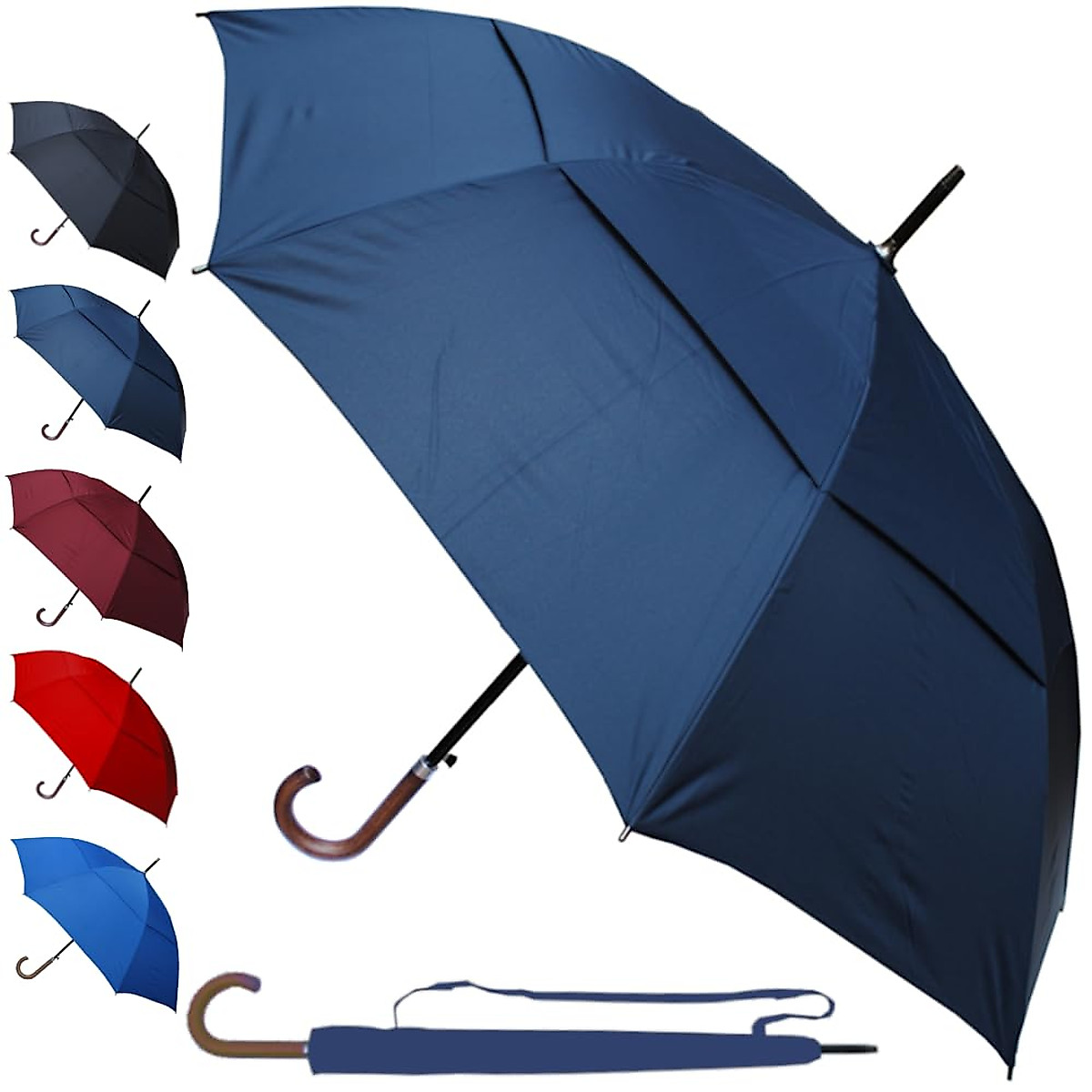 60MPH Windproof Large Strong Umbrella for Rain and Wind - Heavy Duty StormDefender City - Best for Vented Double Canopy - Auto - Solid Wood Hook Handle - Golf - Navy Blue