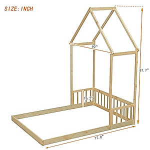 Bellemave Full Size Floor Bed for Kids, Montessori House Bed Frame with House Shape Roof and Semi-Fence, Wood Floor Bed for Boys, Girls, Low to Ground Height, Natural