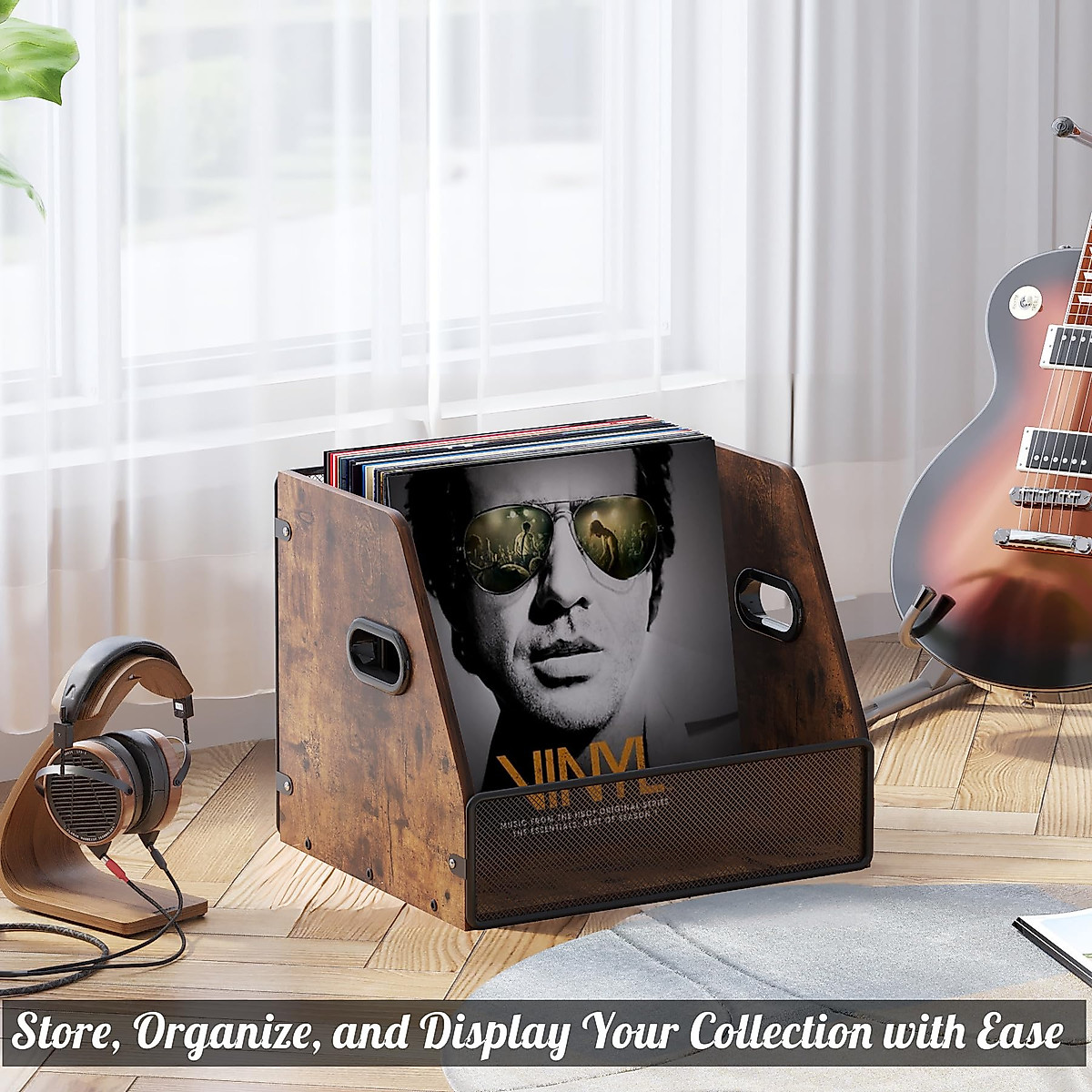 VonDream Vinyl Record Storage, Vinyl Record Box Case Crate, Vinyl Record Album Holder, Desktop Metal & Wooden LP Record Crate, Holds up to 60 Records