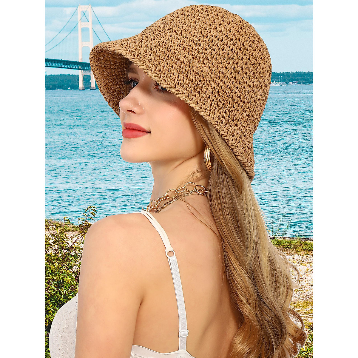 Rulala Fancy Womens Sun Hat Handmade Straw Bucket UV Protection Wide Brim Packable Travel Summer Cap for Beach UPF 50+(Khaki)