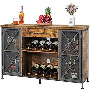 Wine Bar Cabinet with Wine Rack and Glass Holder, Farmhouse Coffee Bar Cabinet for Liquor and Glasses, Industrial Sideboard Buffet Cabinet with Drawer and Mesh Door