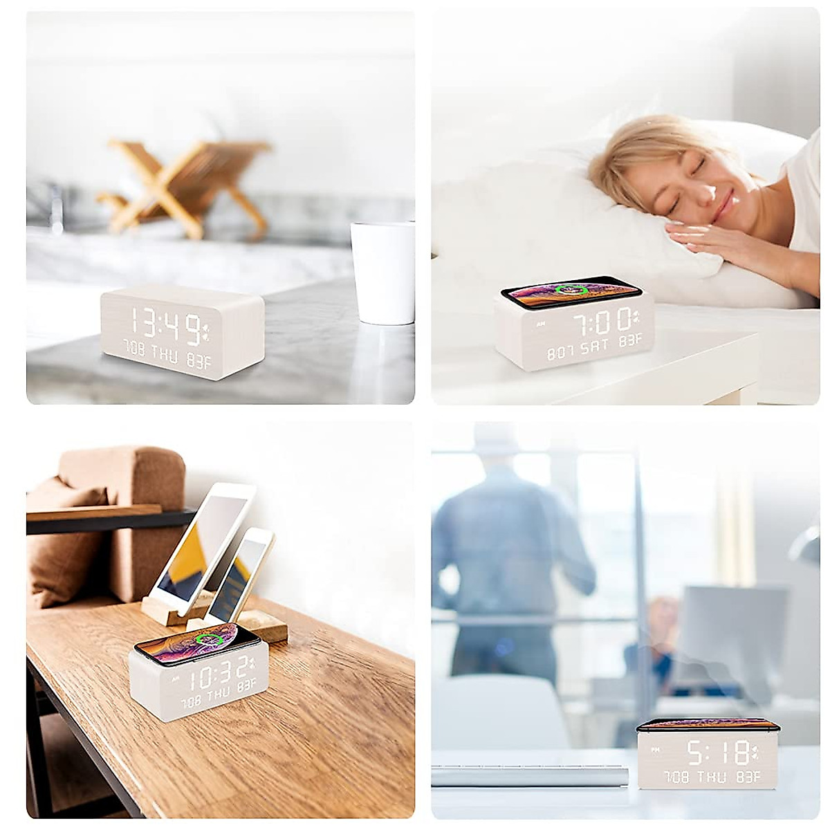 Andoolex Wooden Digital Alarm Clock with Wireless Charging, 0-100% Adjustable Brightness Dimmer and Volume, Weekday/Weekend Mode, Dual Alarm, Snooze, 12/24H, Wood LED Clock for Bedroom (White)