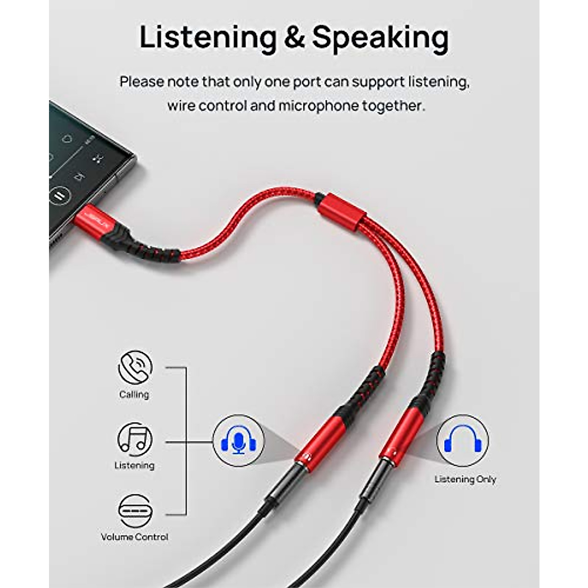 JSAUX USB C Microphone Adapter, USB C to Dual 3.5mm Female Aux Headphone Jack Y Splitter Mic Audio Adapter, Compatible with Samsung Galaxy S21/S20 ,Pixel 4/3/2 XL,Huawei P40/P30 Pro/P20,Oneplus 7-Red