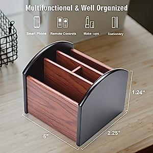 Siveit Wooden Desk Organizer, 4 Compartment Revolving Wood Desktop Organizer Office Supplies Rotating Remote Control Caddy Holder (Desk Organizer-4)
