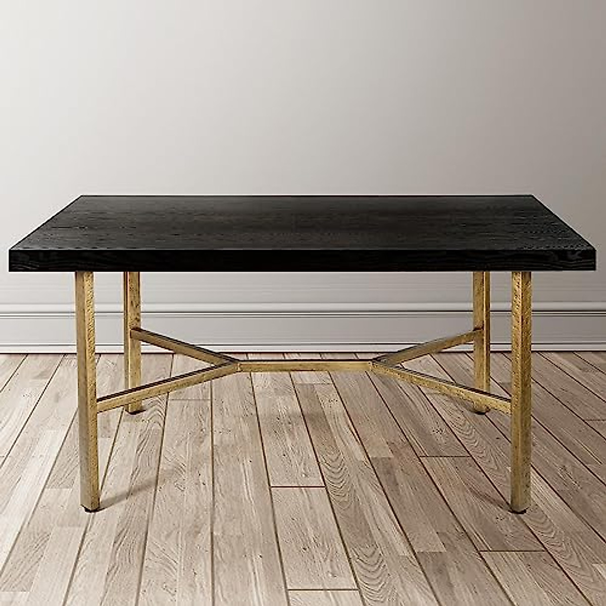 Uolfin Wood Dining Table with Oak Veneer and Distressed Gold Metal Legs, 60" L