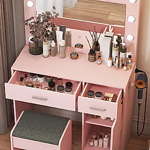 Viaozutis Vanity Desk with Mirror and Light, Large Drawer Power Socket with 11 Light Bulbs, 3 Adjustable Lighting Modes, Bedroom Vanity Table (Pink)