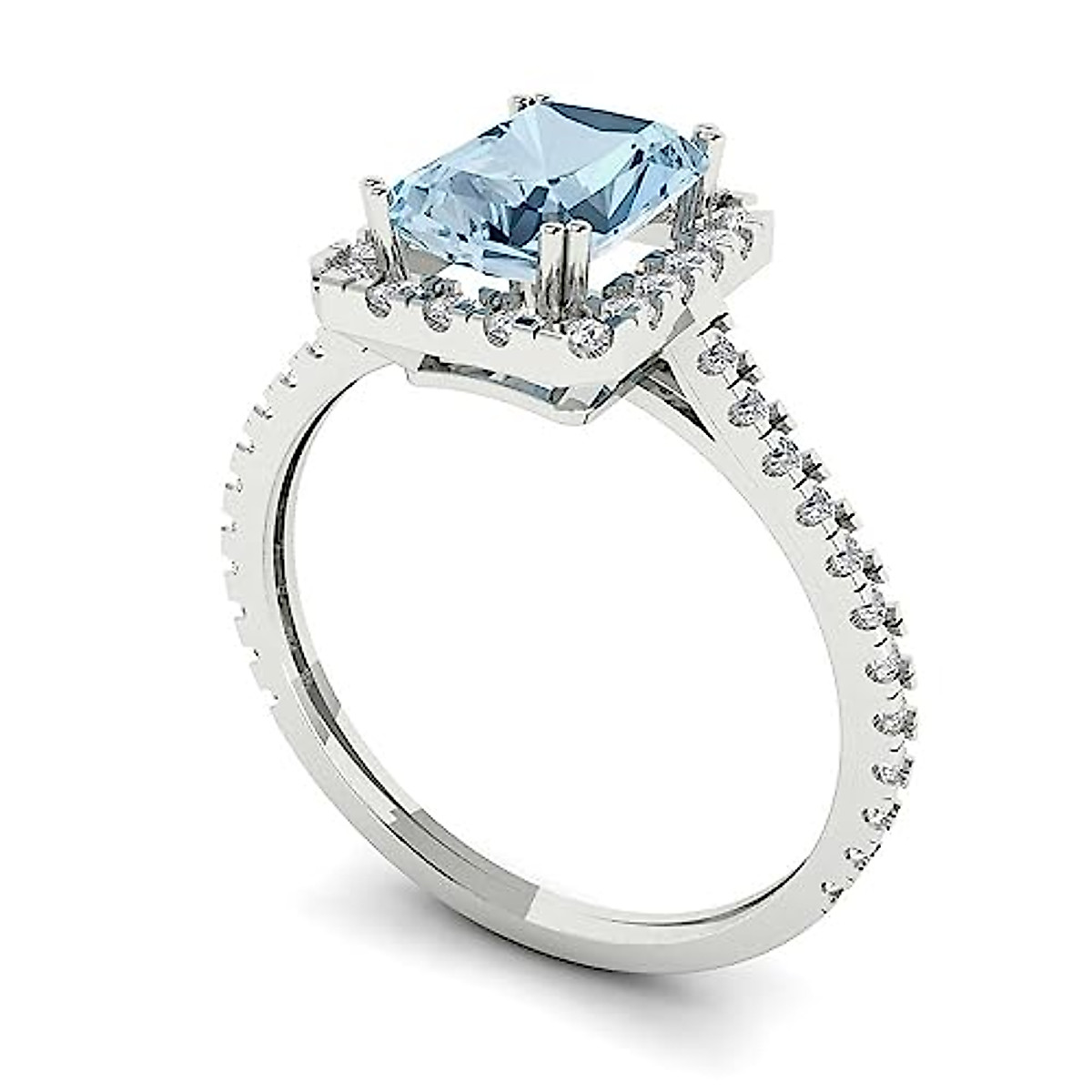 Clara Pucci 1.98 ct Emerald Cut Solitaire Halo Genuine Natural Aquamarine Engagement Promise Anniversary Bridal Ring 18K White Gold 3.5