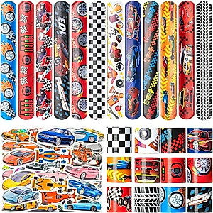 Haooryx 74PCS Racing Car Slap Bracelets 50PCS Race Car Stickers Party Favors Racing and Speed Themed Wristband Checkered Flags Slap Bracelets for Kids Car Birthday Party Classroom Rewards Supplies