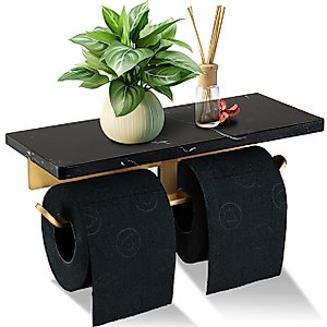 Toilet Paper Holder with Shelf (Natural Black Marble & Gold) - Wall Mounted Toilet Paper Storage, Easy to Install