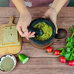 LUOLAO Large Mortar and Pestle Set, 2 Cup Capacity, Heavy Granite Stone Molcajete Bowl with Wood Base, Used in Guacamole, Salsa, Herb Crusher, Grind and Crush Spices and Nuts to Release Flavor, Black