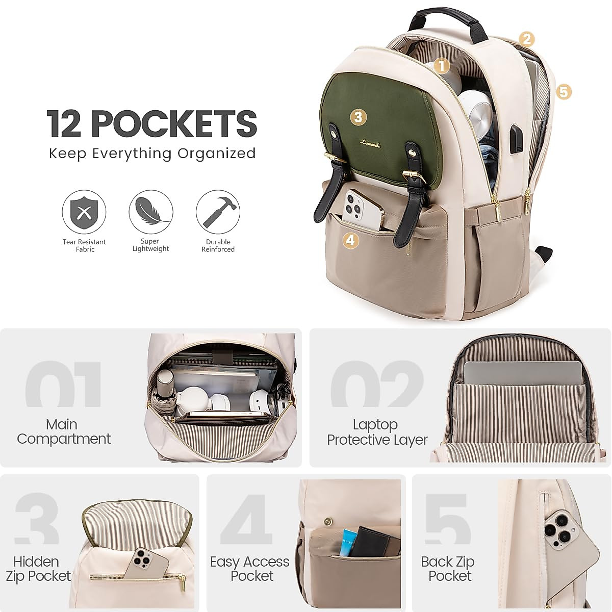 LOVEVOOK Laptop Backpack for Women Fashion College Casual Daypacks Stylish Travel Backpack Fits up to 15.6Inch Laptop with USB Charging Port(Khaki-Green)
