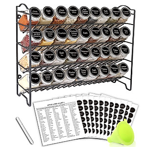 SWOMMOLY Spice Rack Organizer with 36 Empty Square Spice Jars, 396 Spice Labels with Chalk Marker and Funnel Complete Set, for Countertop, Cabinet or Wall Mount, Black